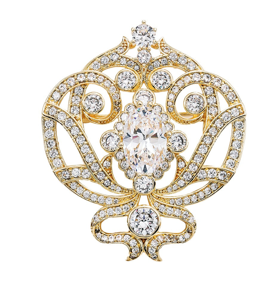18 Kt Gold Plated Cubic Zirconia Ornate Regal Brooch – Bling by Wilkening