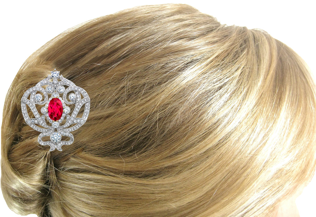 Silver Ornate Cubic Zirconia Brooch with Ruby Red Center Stone – Bling ...