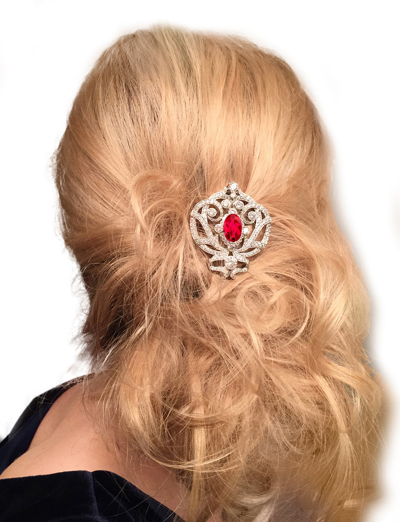 Silver Ornate Cubic Zirconia Brooch with Ruby Red Center Stone – Bling ...