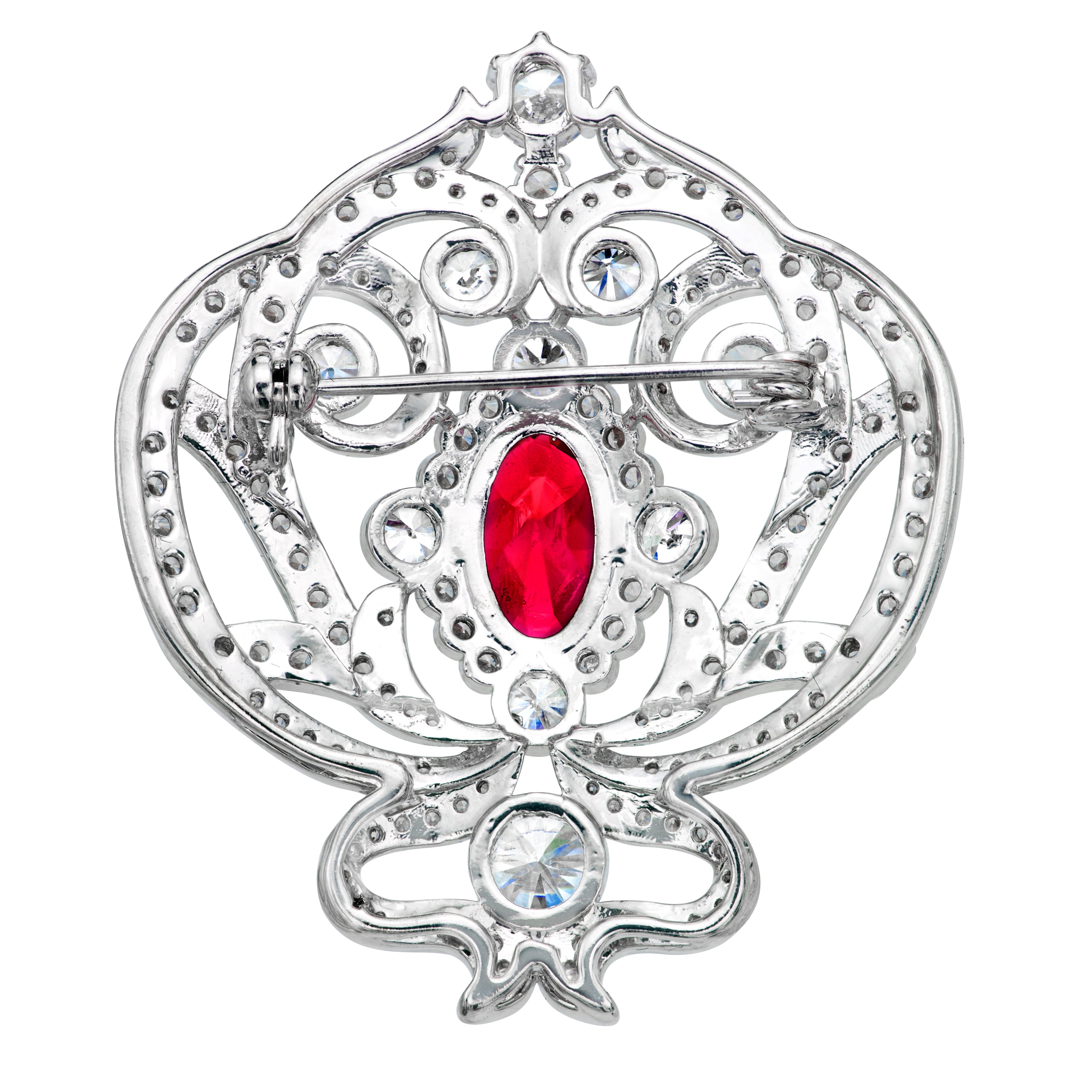 Silver Ornate Cubic Zirconia Brooch with Ruby Red Center Stone – Bling ...